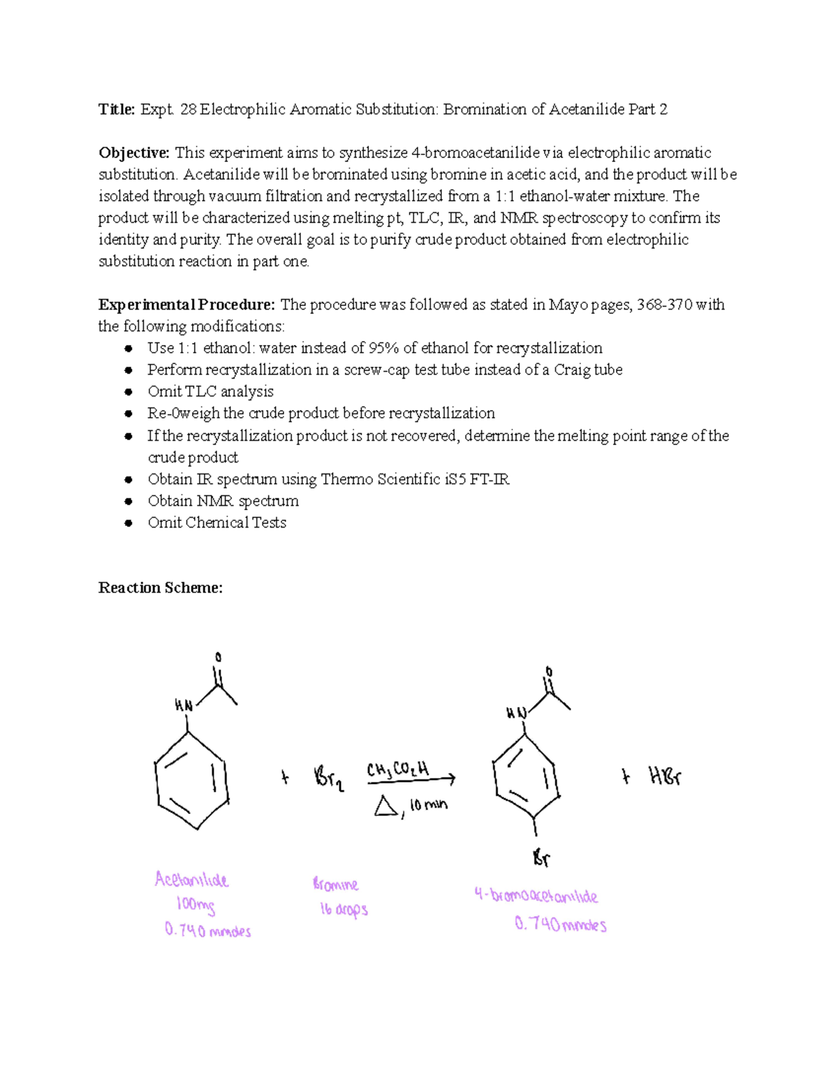 Expt. 28 Electrophilic Aromatic Substitution Bromination of Acetanilide - Title: Expt. 28 - Studocu