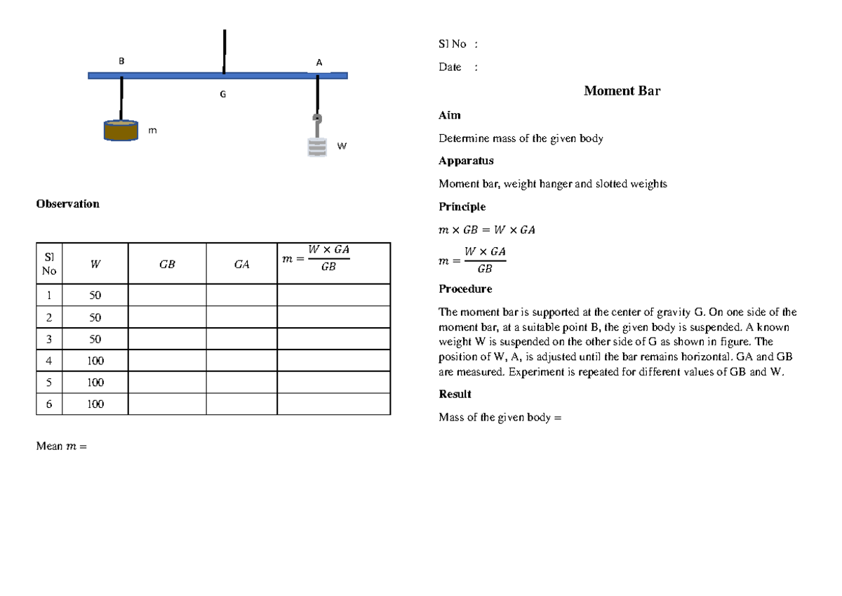 Fair Record Moment Bar Experiment in Physics Lab - Studocu