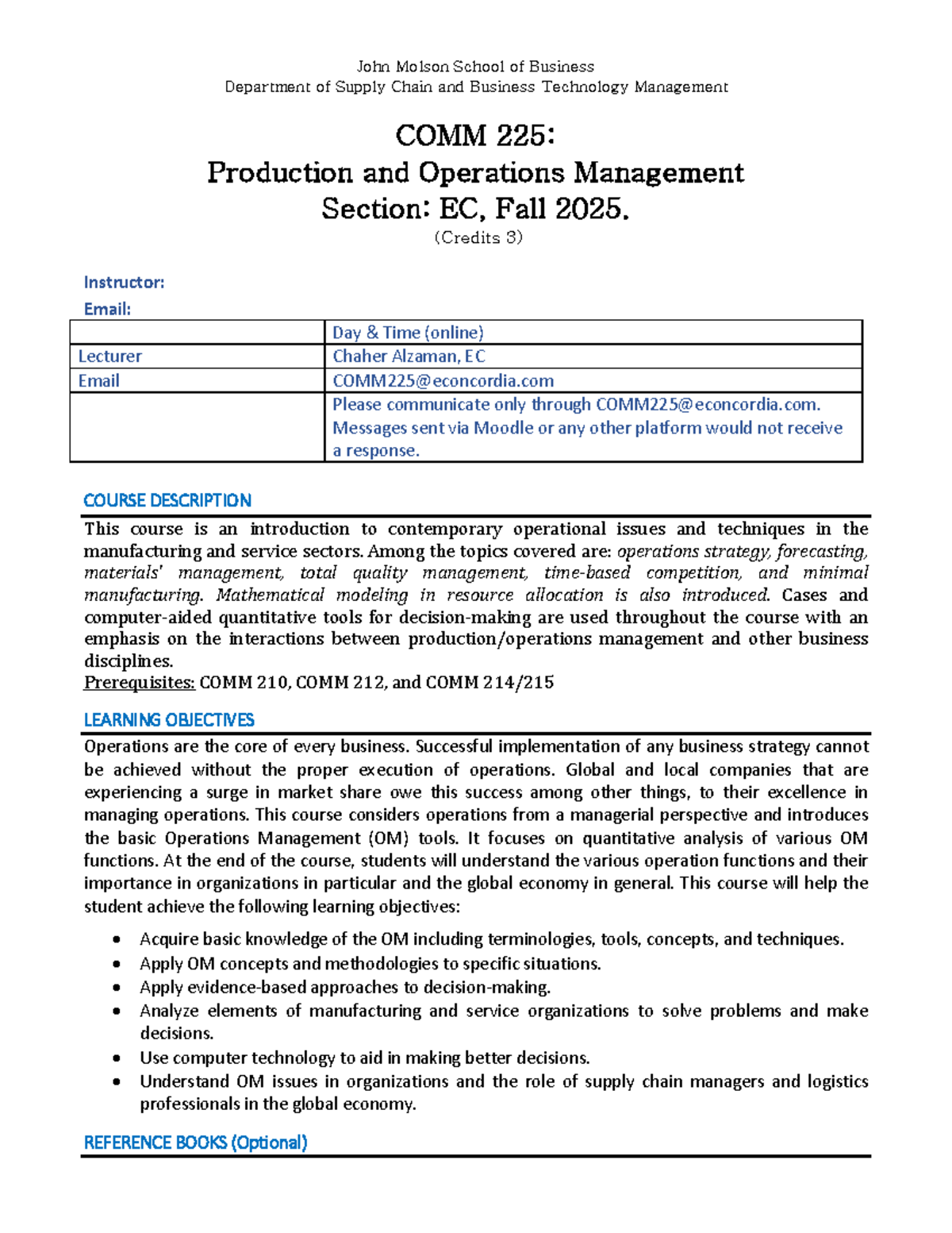 COMM 225: Production and Operations Management Fall 2025 Course Outline ...