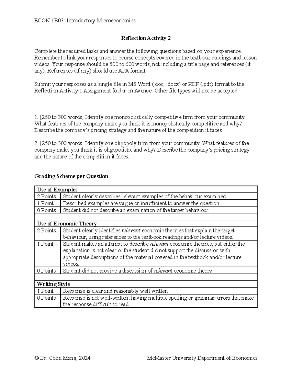 Reflection Activity 2 - ECON 1B03: Introductory Microeconomics © Dr ...