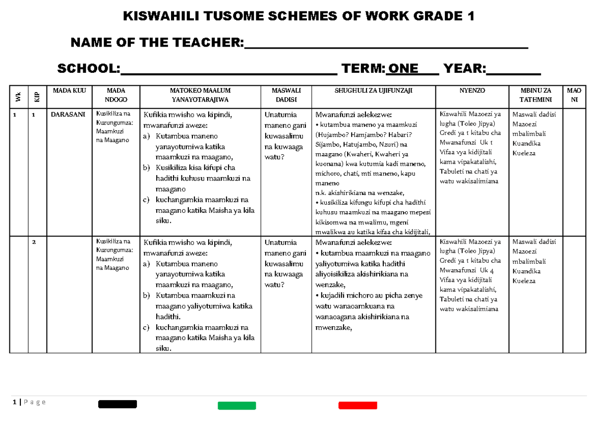 KISWAHILI TUSOME SCHEMES OF WORK GRADE 1 TERM 1 - Studocu
