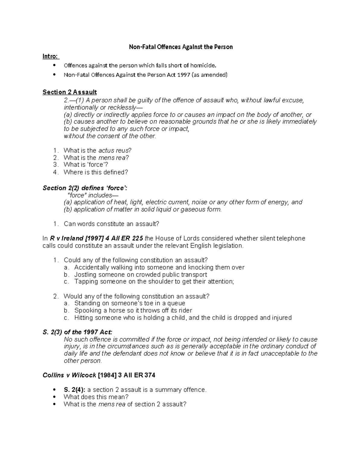 Non-Fatal Offences Against the Person: Key Points from 1997 Act - Studocu