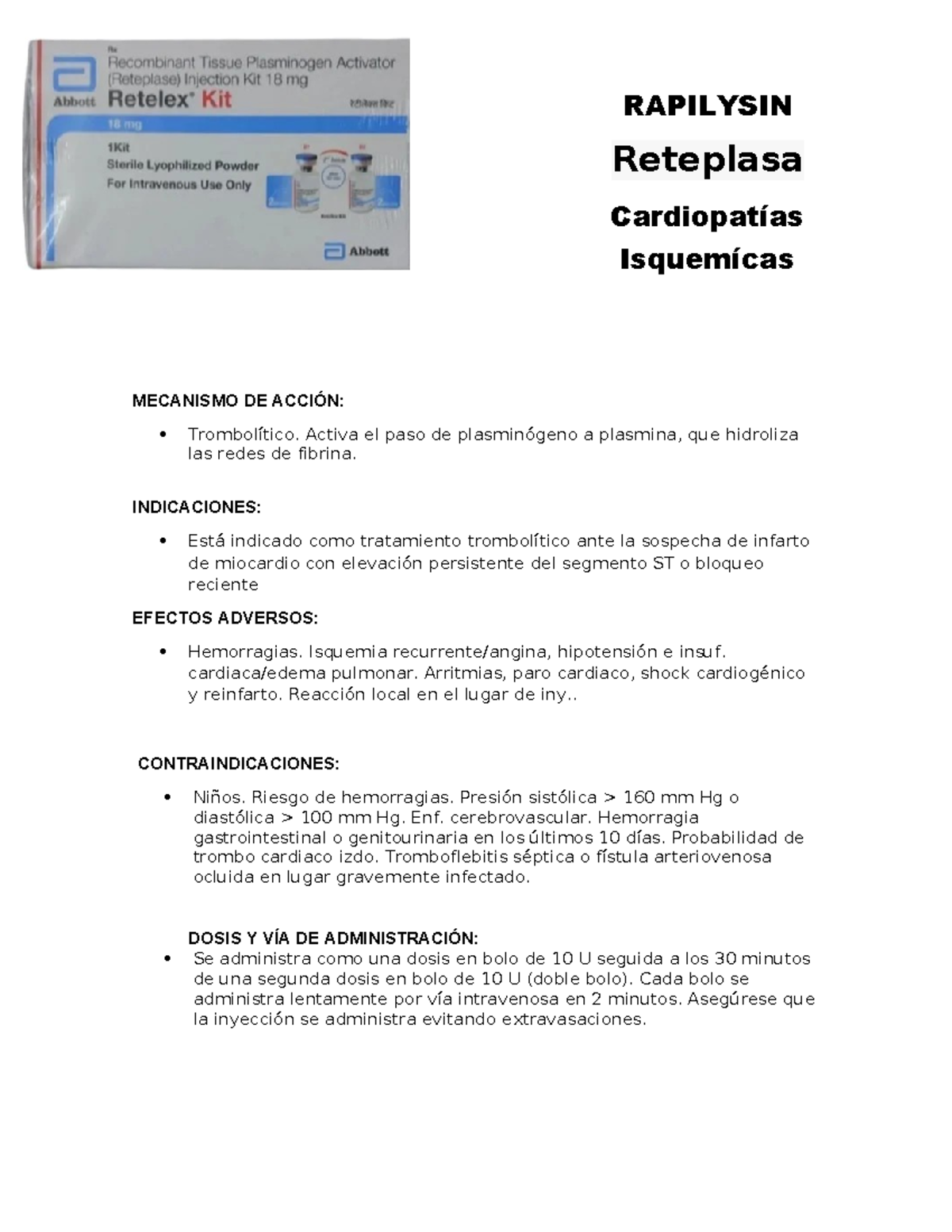 RAPILYSIN y su Mecanismo de Acción en Cardiopatías Isquémicas - Studocu