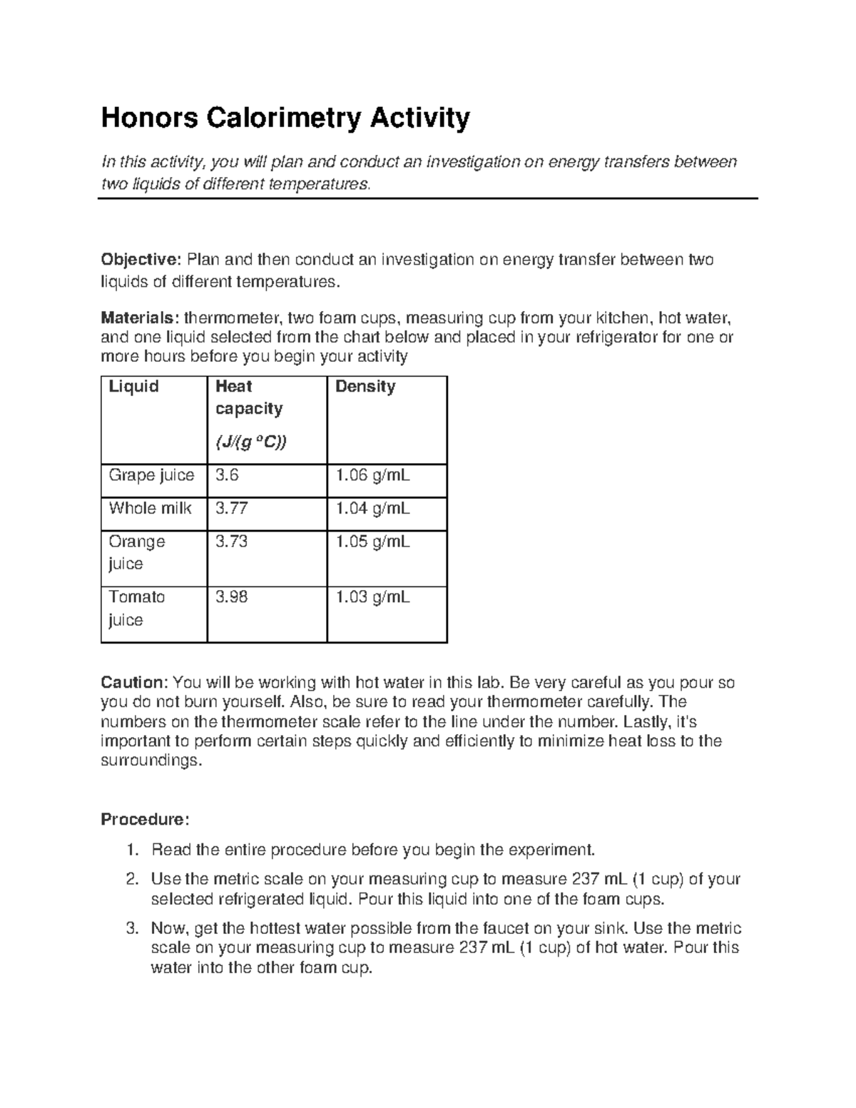 Honors Calorimetry Lab: Investigating Energy Transfer Between Liquids ...