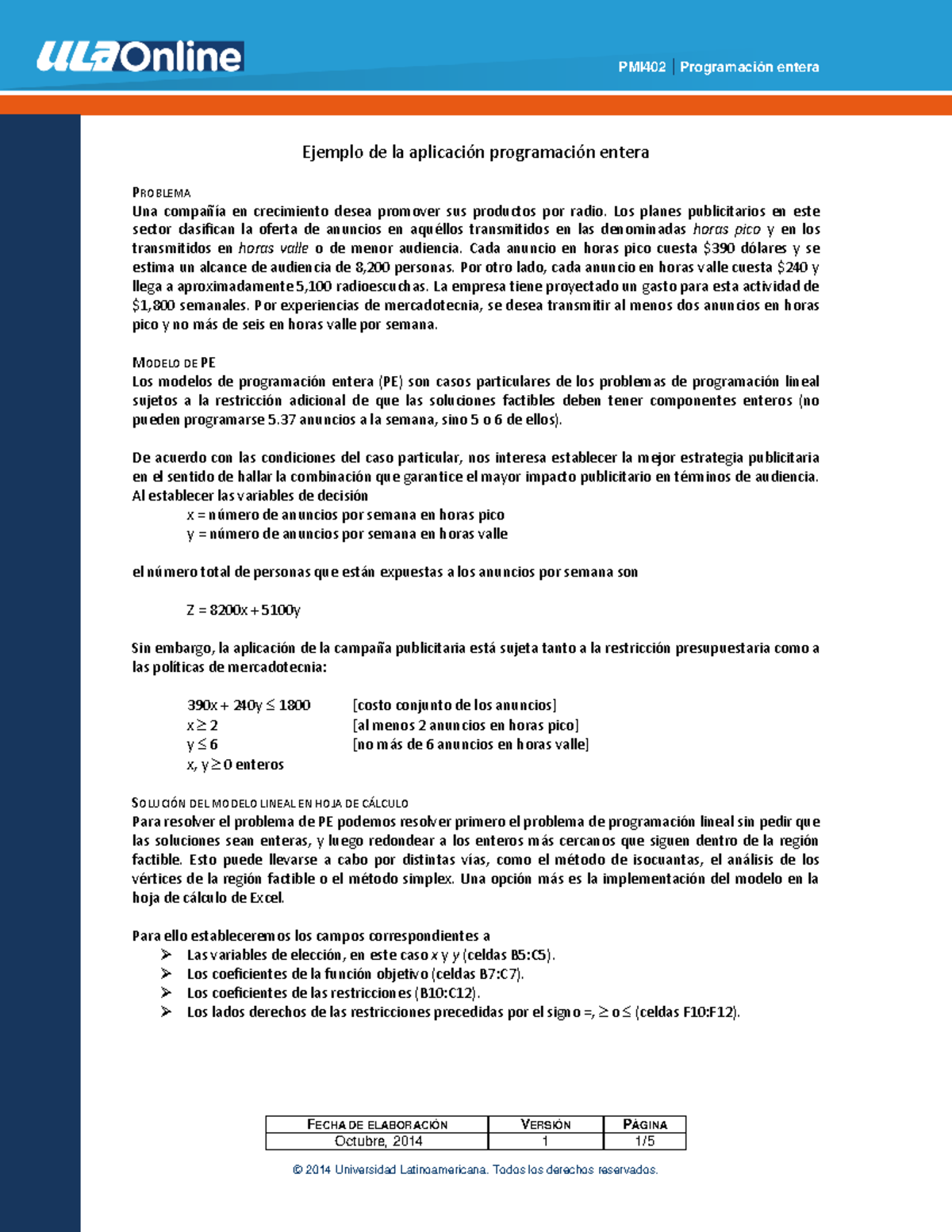PMI402 Ejemplo de Programación Entera en Publicidad Radiofónica - Studocu