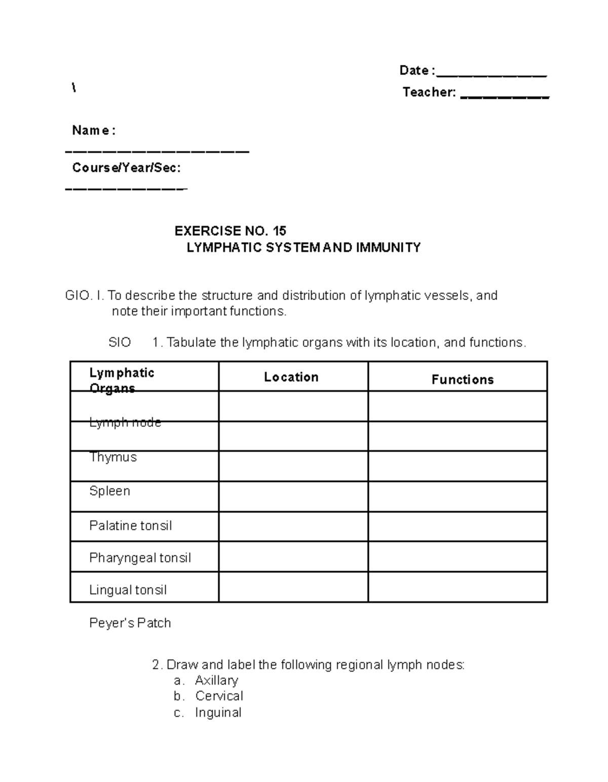LAB Exercise: Lymphatic and Immune System Overview (EXERCISE NO. 15 ...