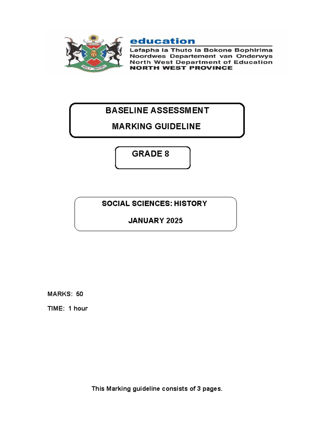 Grade 8 Social Sciences History Baseline Assessment Marking Guide 2025 ...