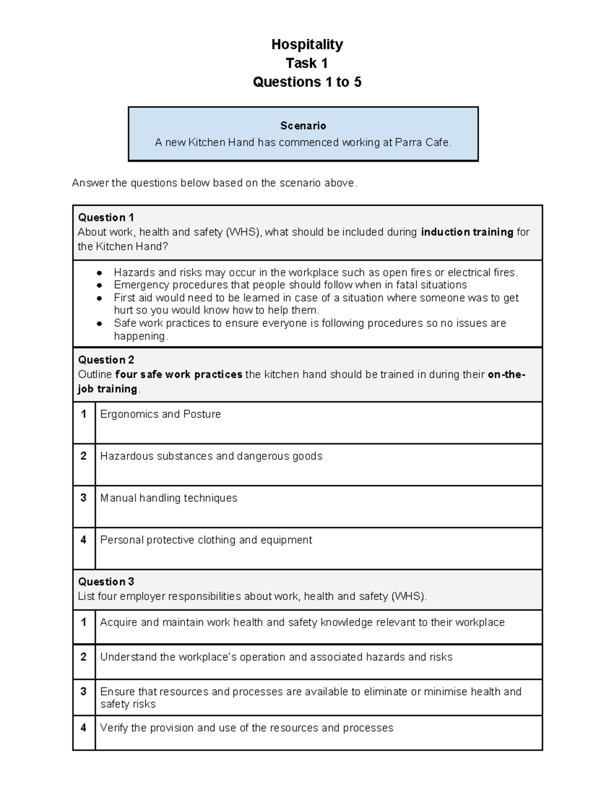 Hospitality Task 1: WHS Induction Training for Kitchen Hand - Studocu