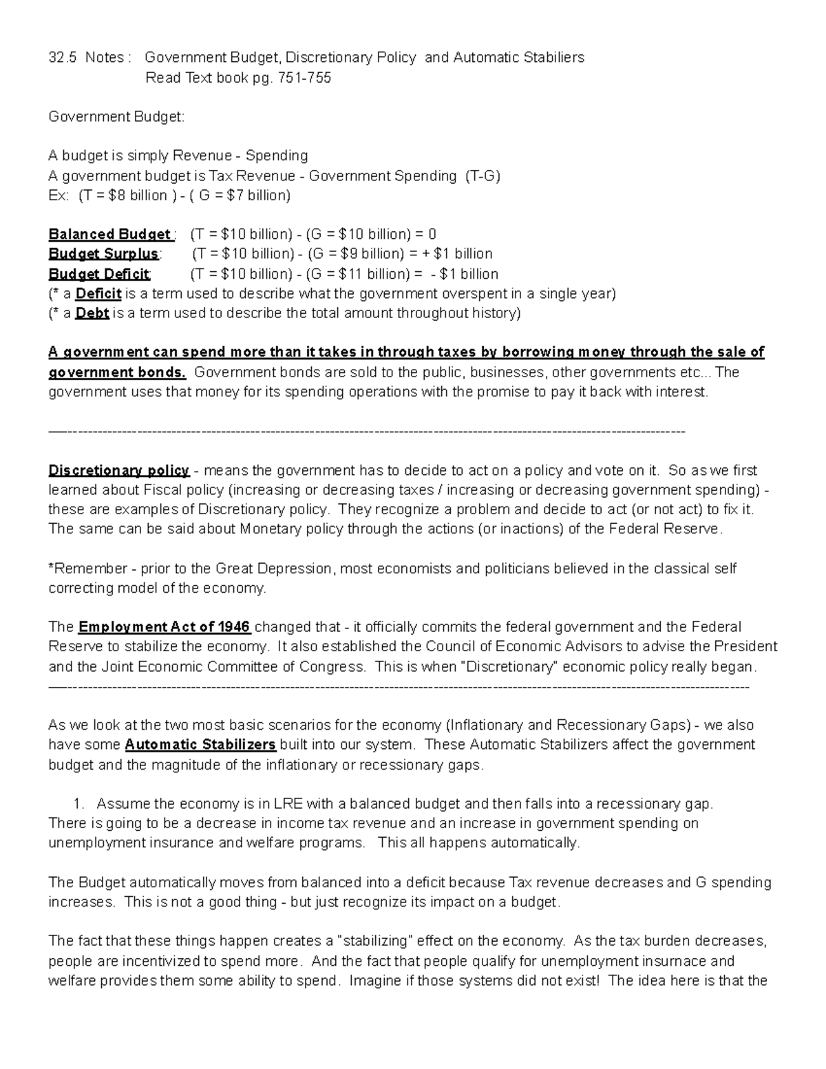 Ch 32.5 Notes: Government Budget, Discretionary Policy & Stabilizers ...