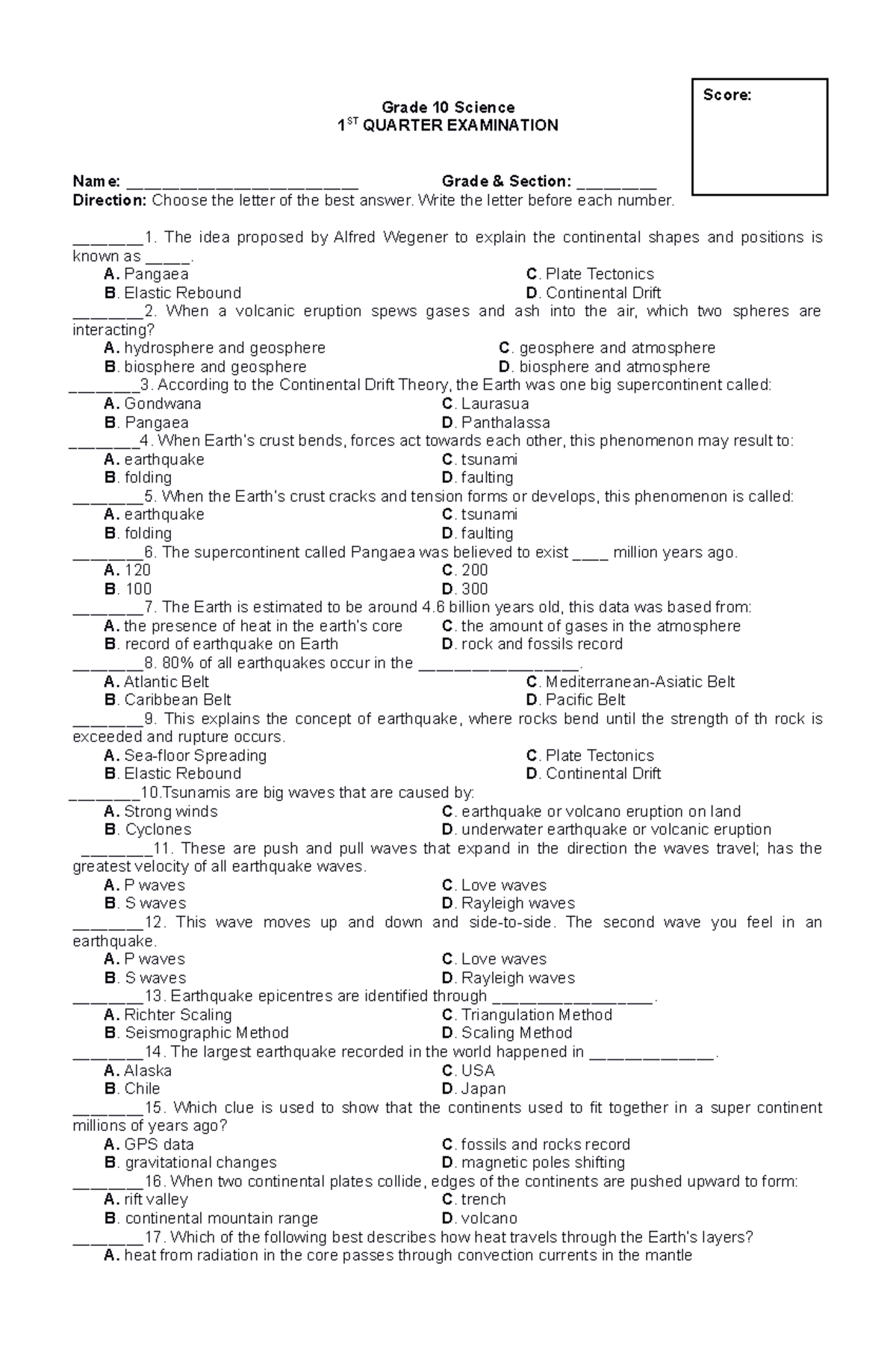 359112895 Grade 10 Science 1st Quarter Exam Questions & Answers - Studocu