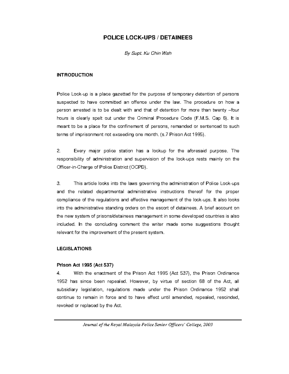 Legal Framework of Police Lock-ups and Detainees Management - Studocu