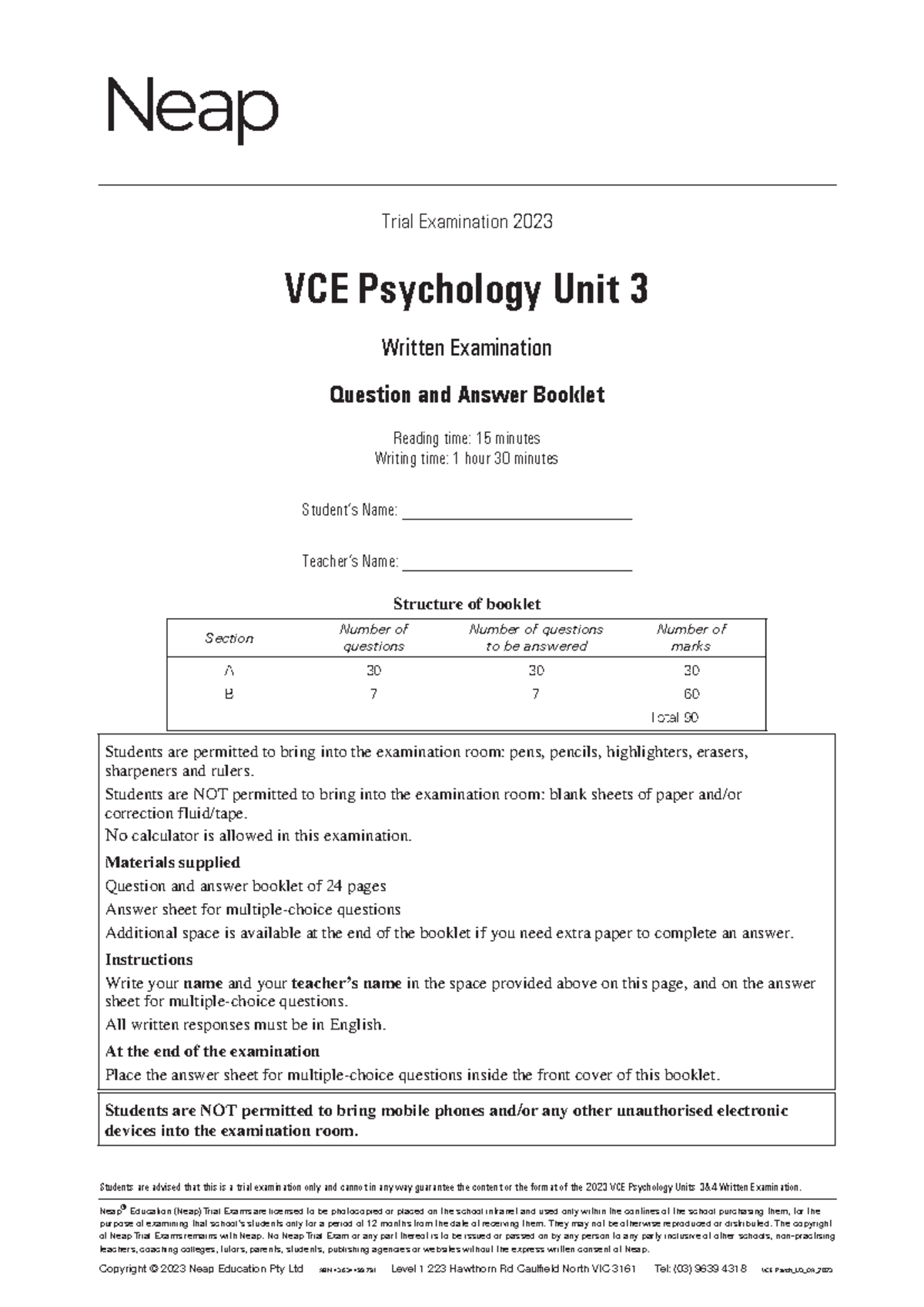 VCE Psychology Unit 3 Trial Exam Question & Answer Booklet 2023 - Studocu