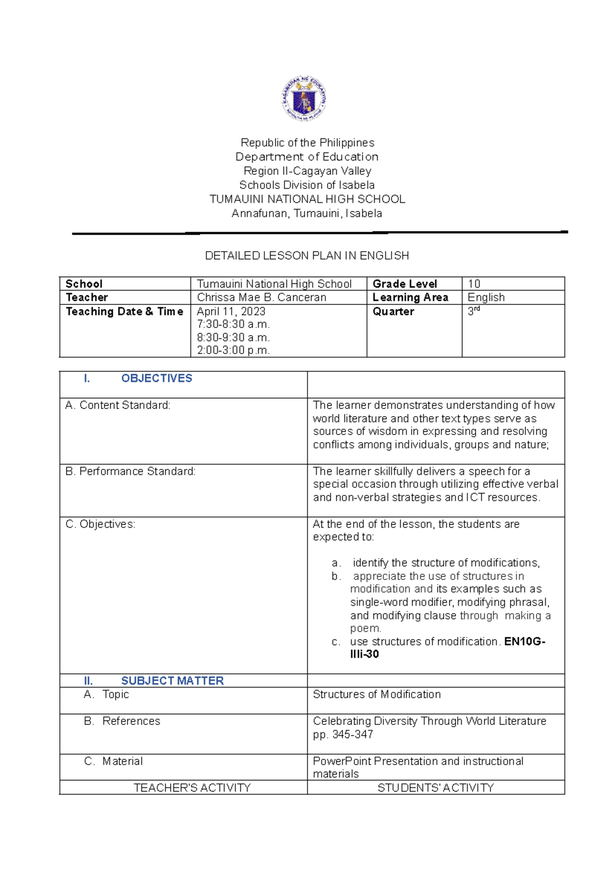 DLP-6: Detailed Lesson Plan on Structures of Modification in English ...