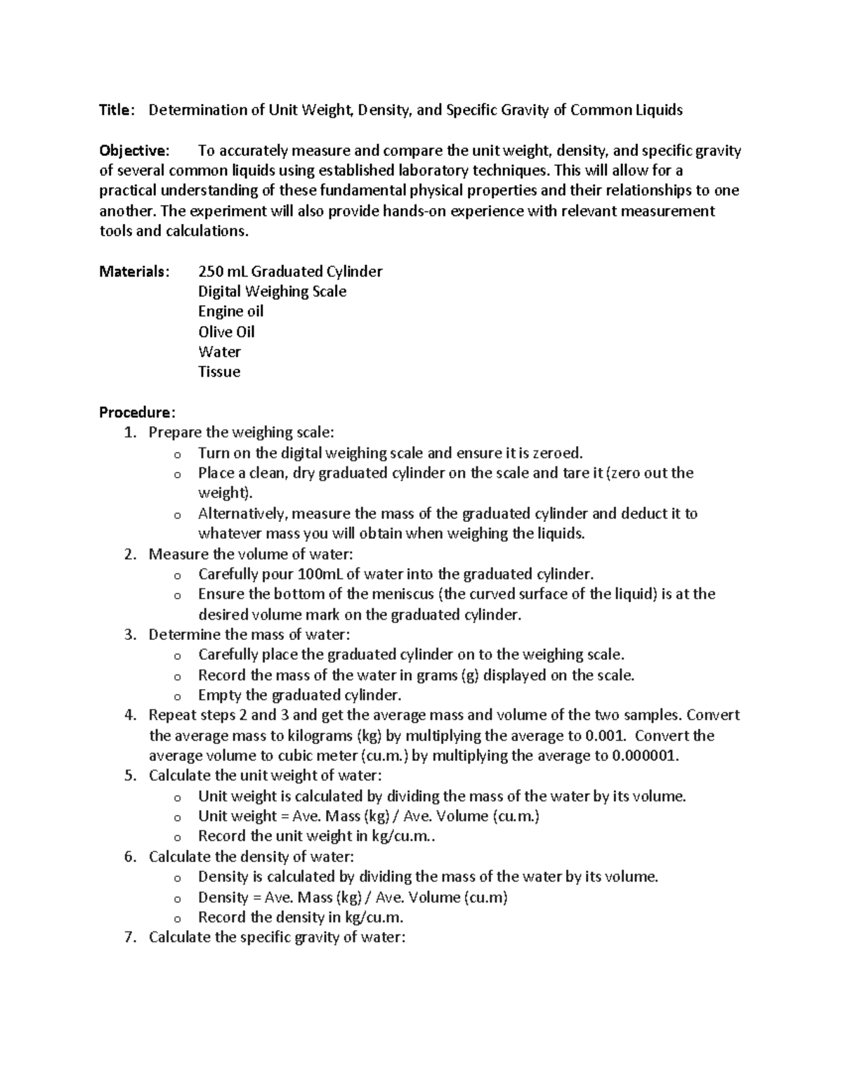 Experiment-1 - None - Title: Determination of Unit Weight, Density, and ...