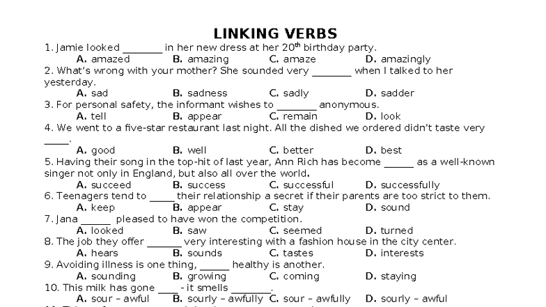 Linking Verbs Practice - BTVN - No Answer Key - Studocu