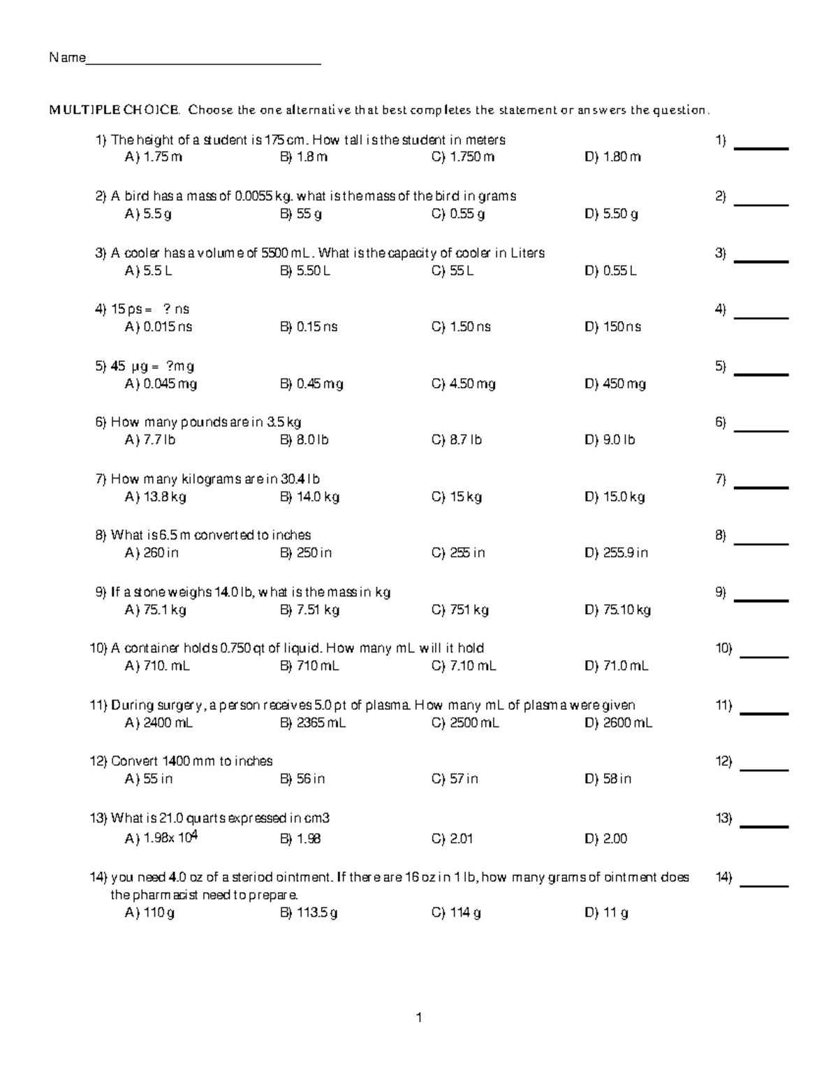Conversion Factors Worksheet: Multiple Choice Questions - Studocu