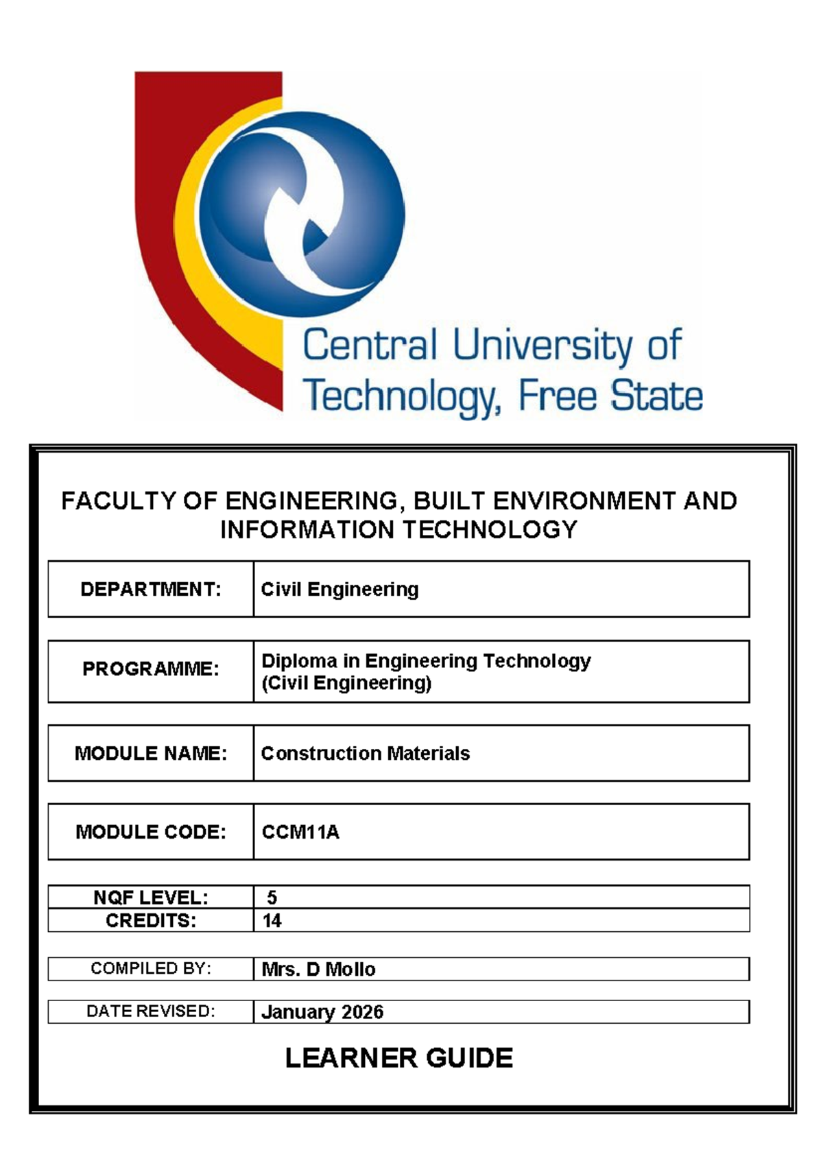 CCM11A Construction Materials Learner Guide for S1 2025 - Studocu