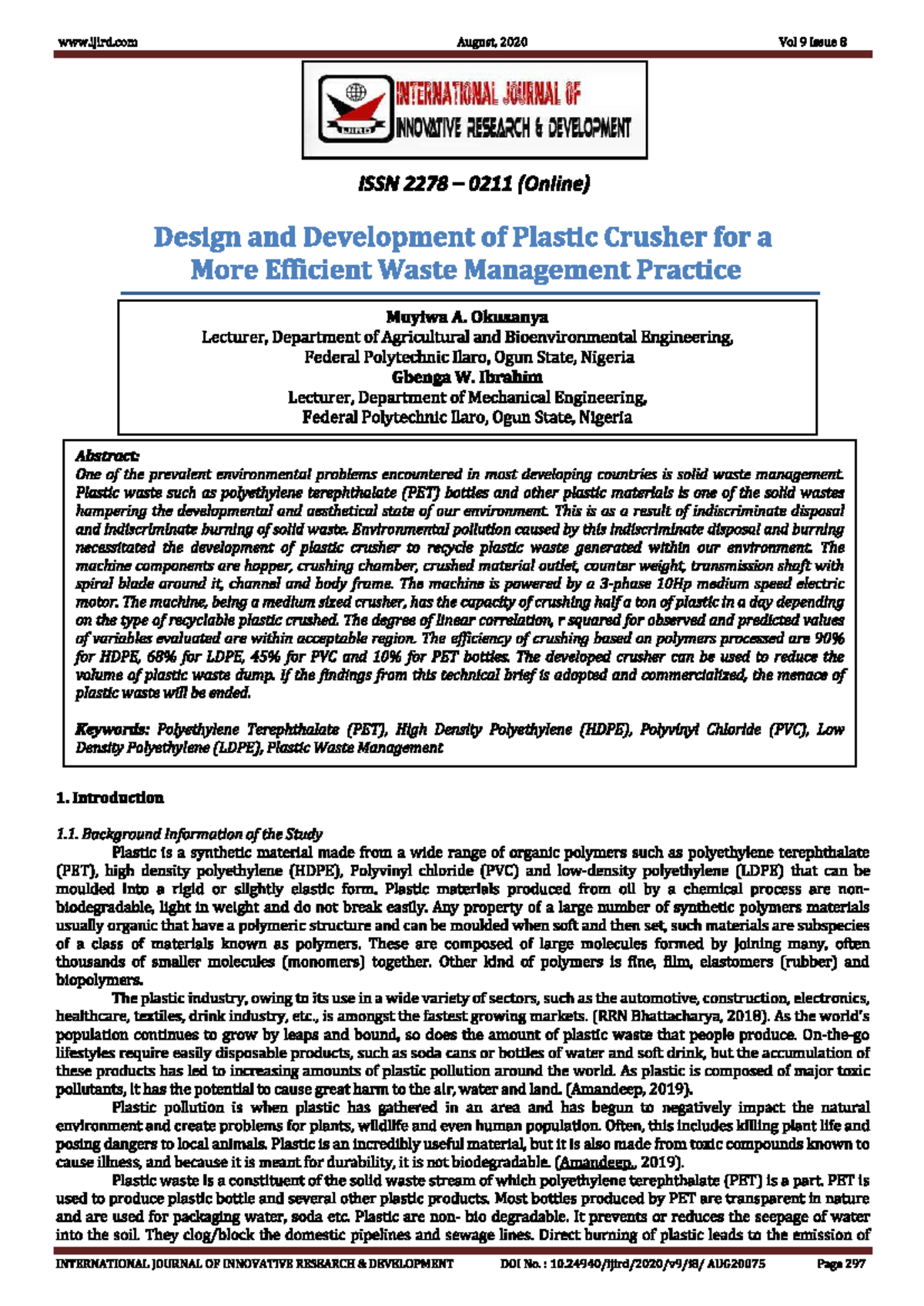 Plastic Waste Management: IJIRD Vol 9 Issue 8 - Studocu