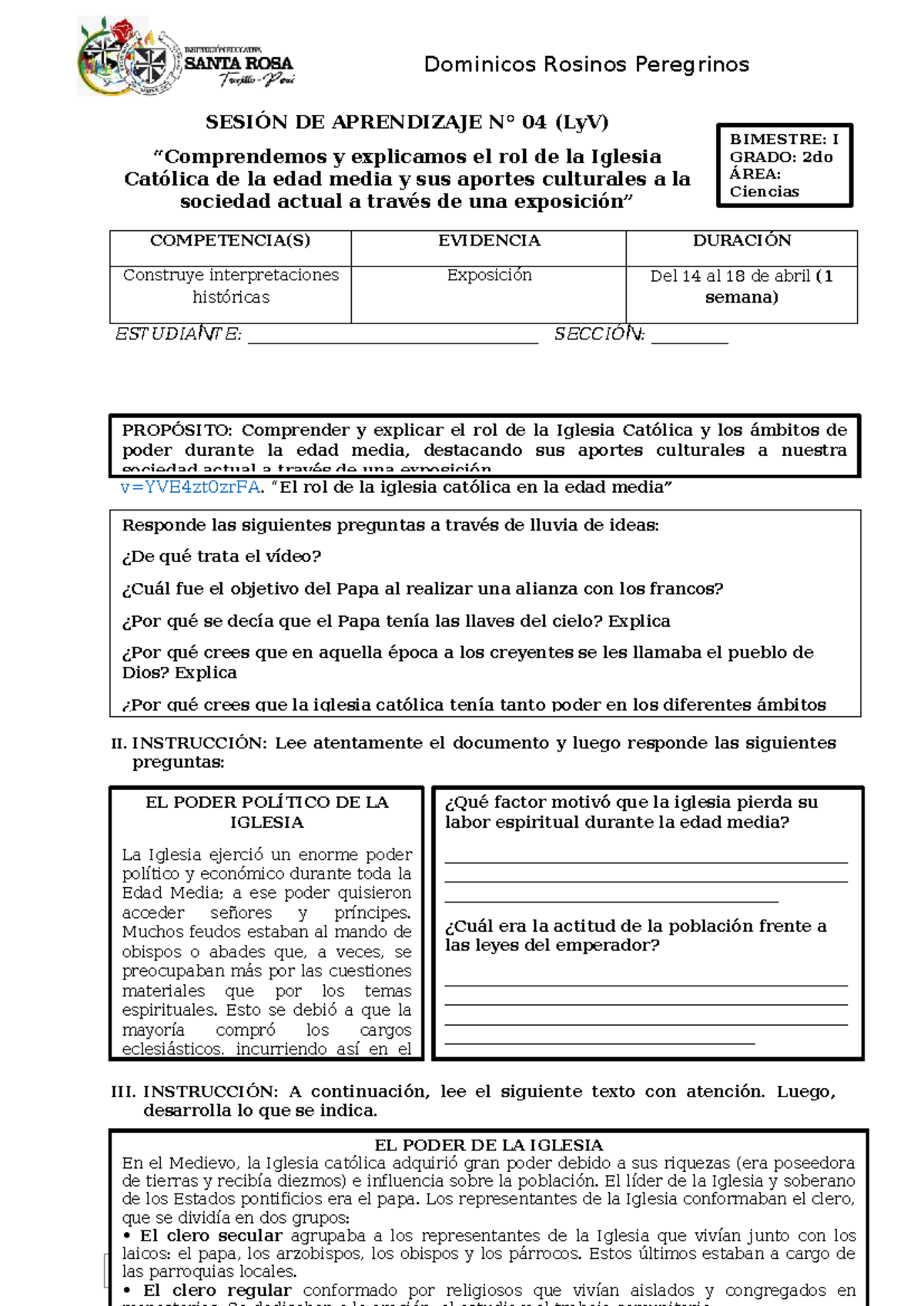 Dominicos Rosinos Peregrinos de Luz y Esperanza - Sesión 04 (2° CC SS) - Studocu