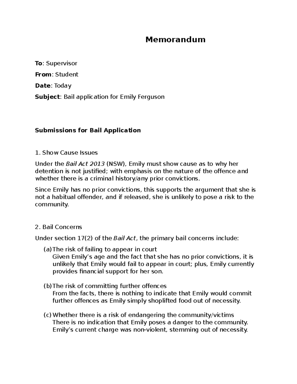 Criminal Law - Task 1: Memorandum on Bail Application for Emily ...