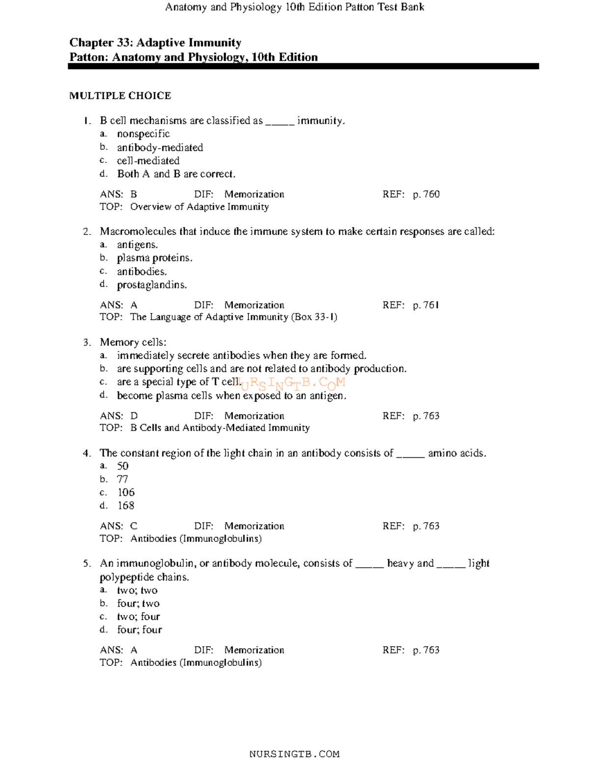 Chapter 33: Quiz on Adaptive Immunity Principles (NURSINGTB) - Studocu