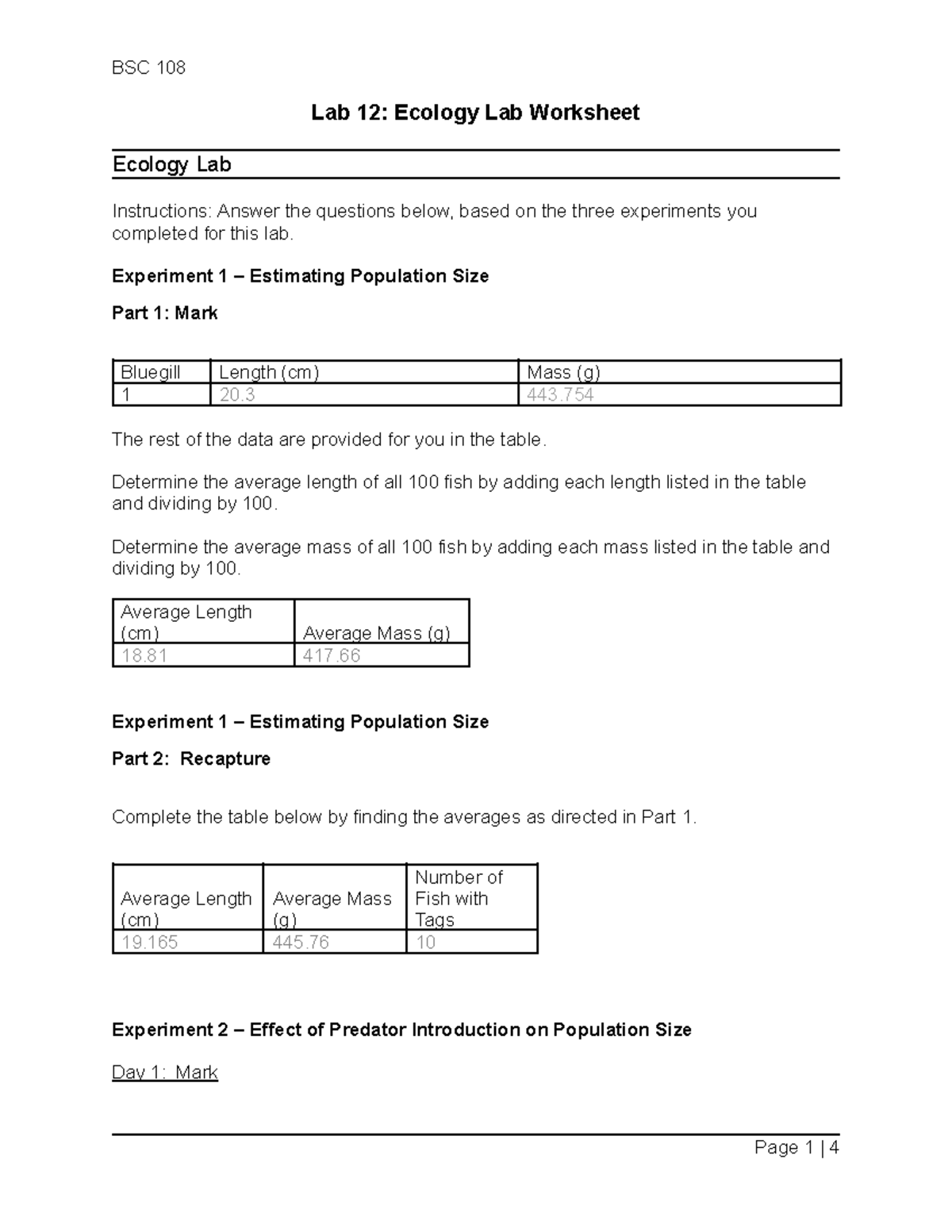 BSC 108 Lab 12: Ecology Lab Population Estimation & Experiments - Studocu