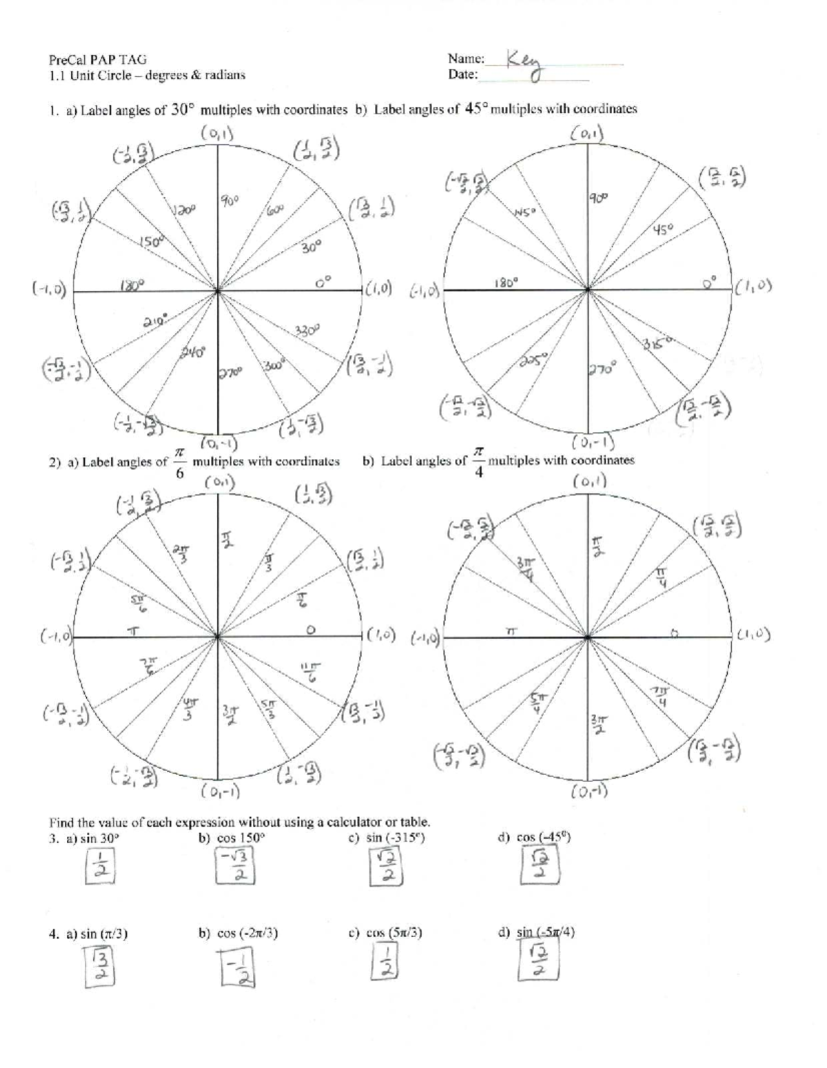 Key to 1.1 Unit Circle - degrees radians - PreCal PAP TAG 1 Unit Circle ...