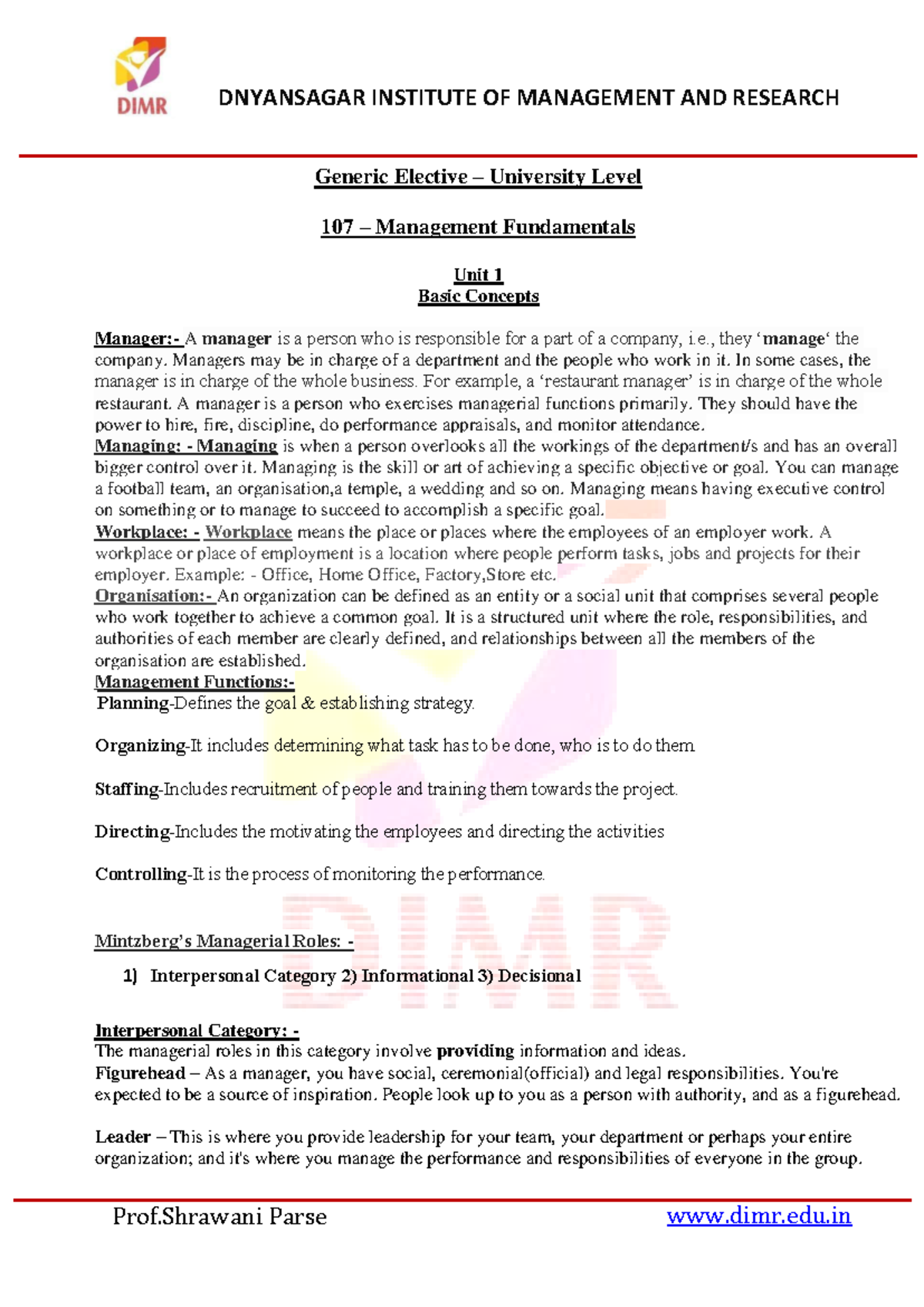 107 Management Fundamentals Lecture Notes: Key Concepts & Functions ...