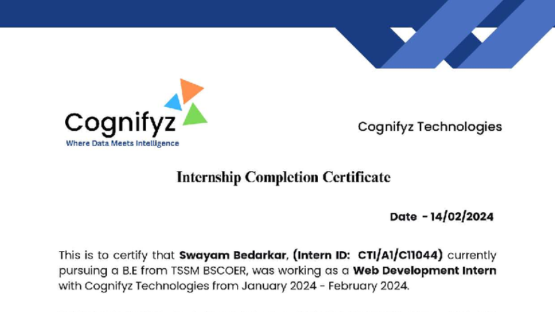 Cognifyz Technologies Web Development Internship Certificate - Studocu