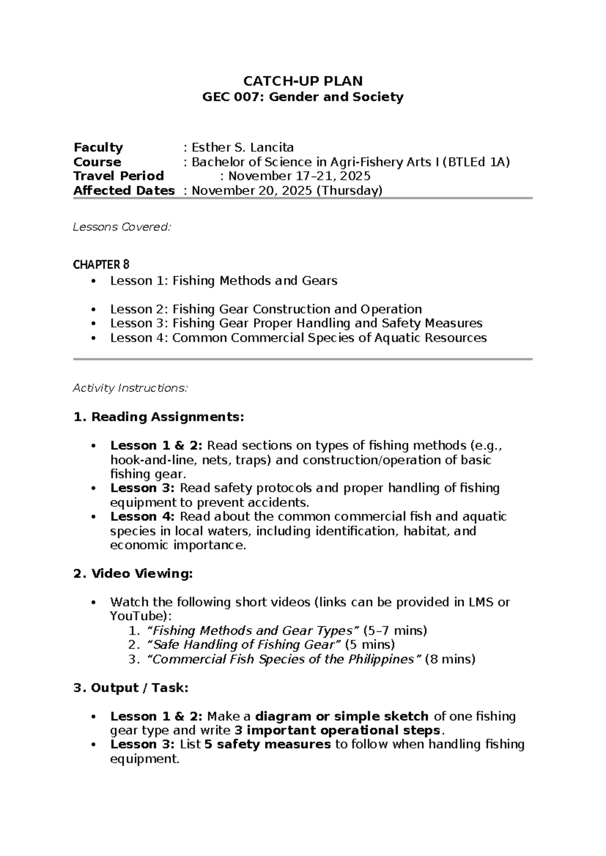 Catch Up Plan: GEC 007 - Gender and Society Activities & Lessons - Studocu