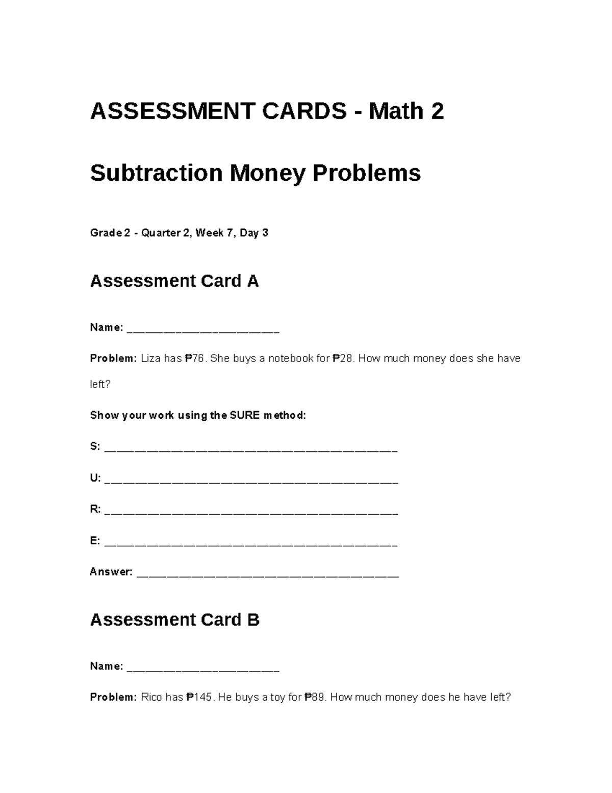 Math 2 Assessment Cards: Subtraction Money Problems Q2 W7 - Studocu