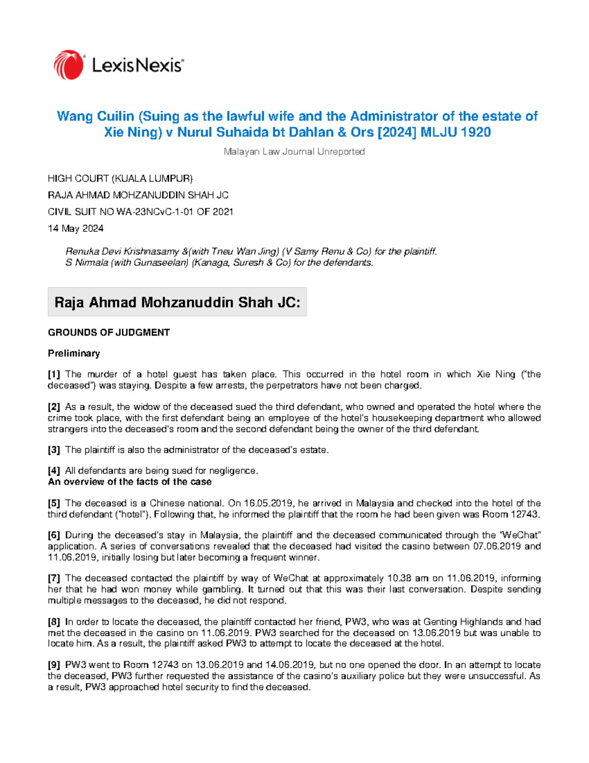 Wang Cuilin v Nurul Suhaida bt Dahlan: Negligence Case Analysis MLJU ...