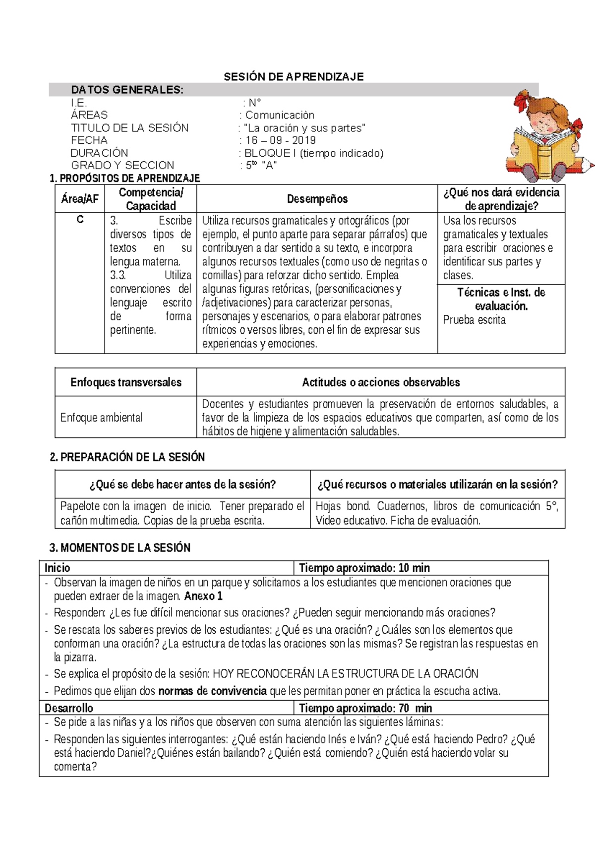 SESION DE APRENDIZAJE: LA ORACION Y SUS PARTES - 5TO GRADO - Studocu