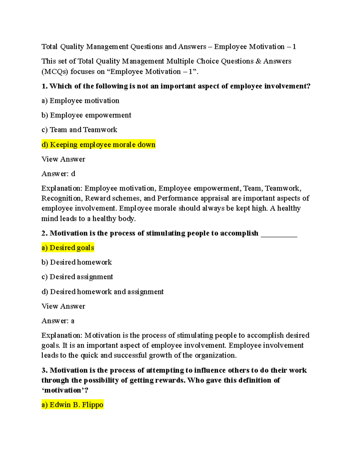 Total Quality Management Questions and Answers - Which of the following ...