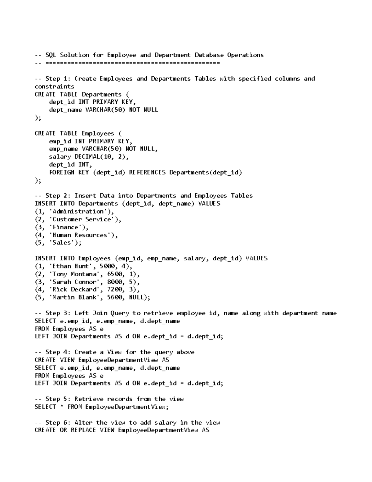 Assign 2 DBMS &335 - SQL Solution for Employee and Department Database ...