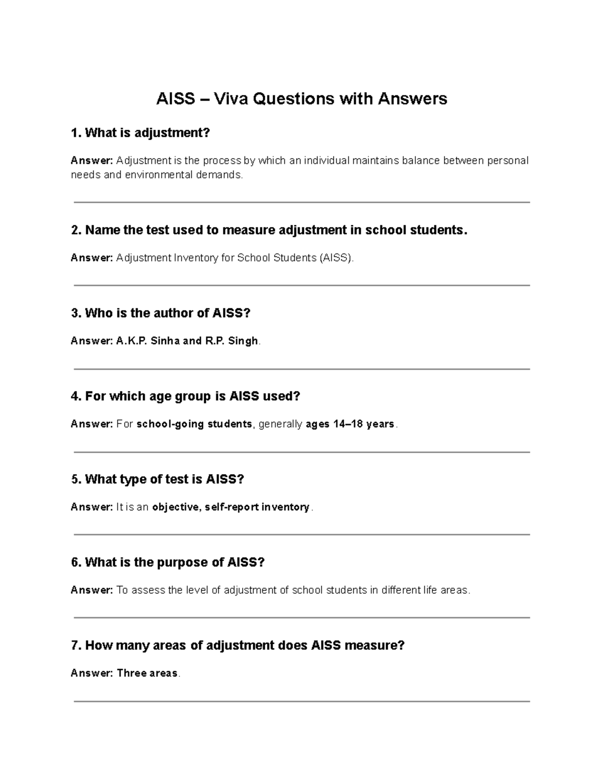 AISS Viva Questions and Answers on Student Adjustment - Studocu