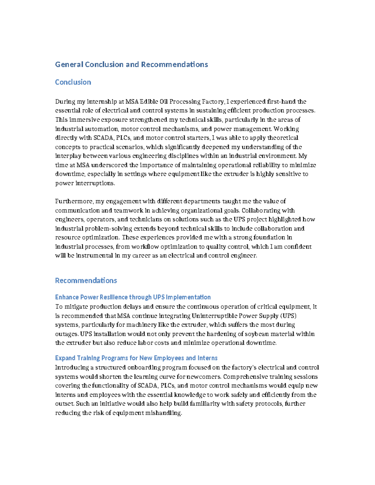 General Conclusion and Recommendations MSA Internship Report - General ...