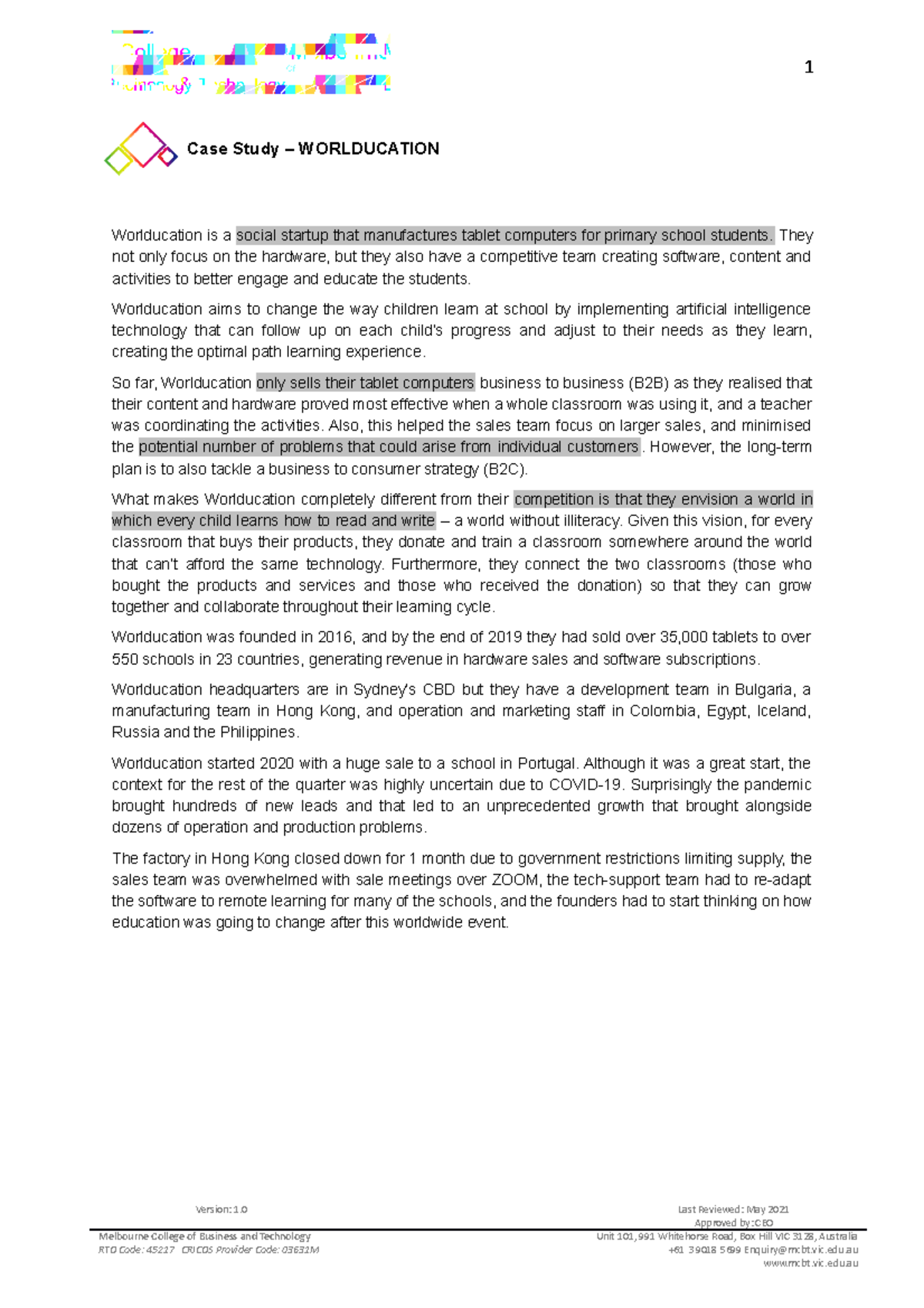 Bsbcrt 512 Simulation Pack - Case Study – WORLDUCATION Worlducation is ...