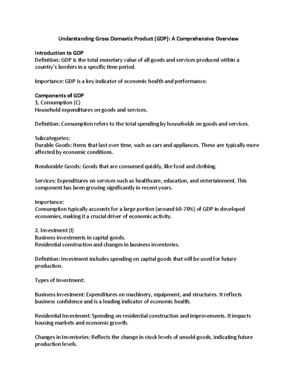 Understanding GDP Notes - Understanding Gross Domestic Product (GDP): A ...