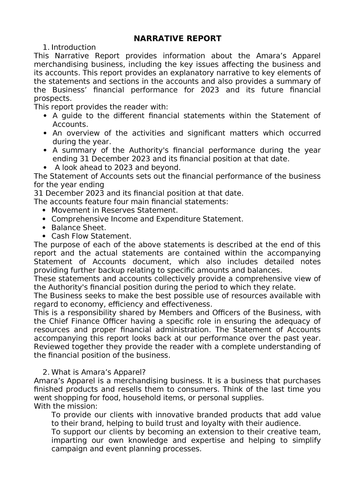 Narrative Report on Amara's Apparel Business Financials (2023) - Studocu