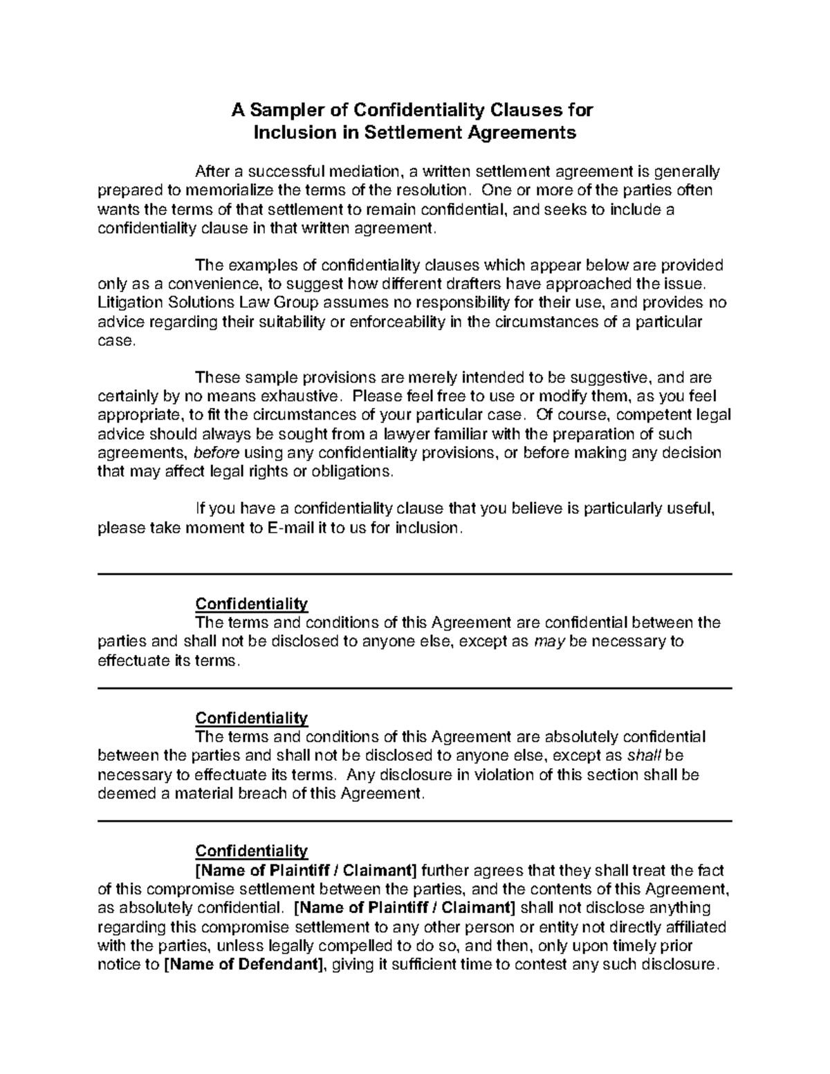 Confidentiality Clauses in Settlement Agreements: A Sample Guide - Studocu