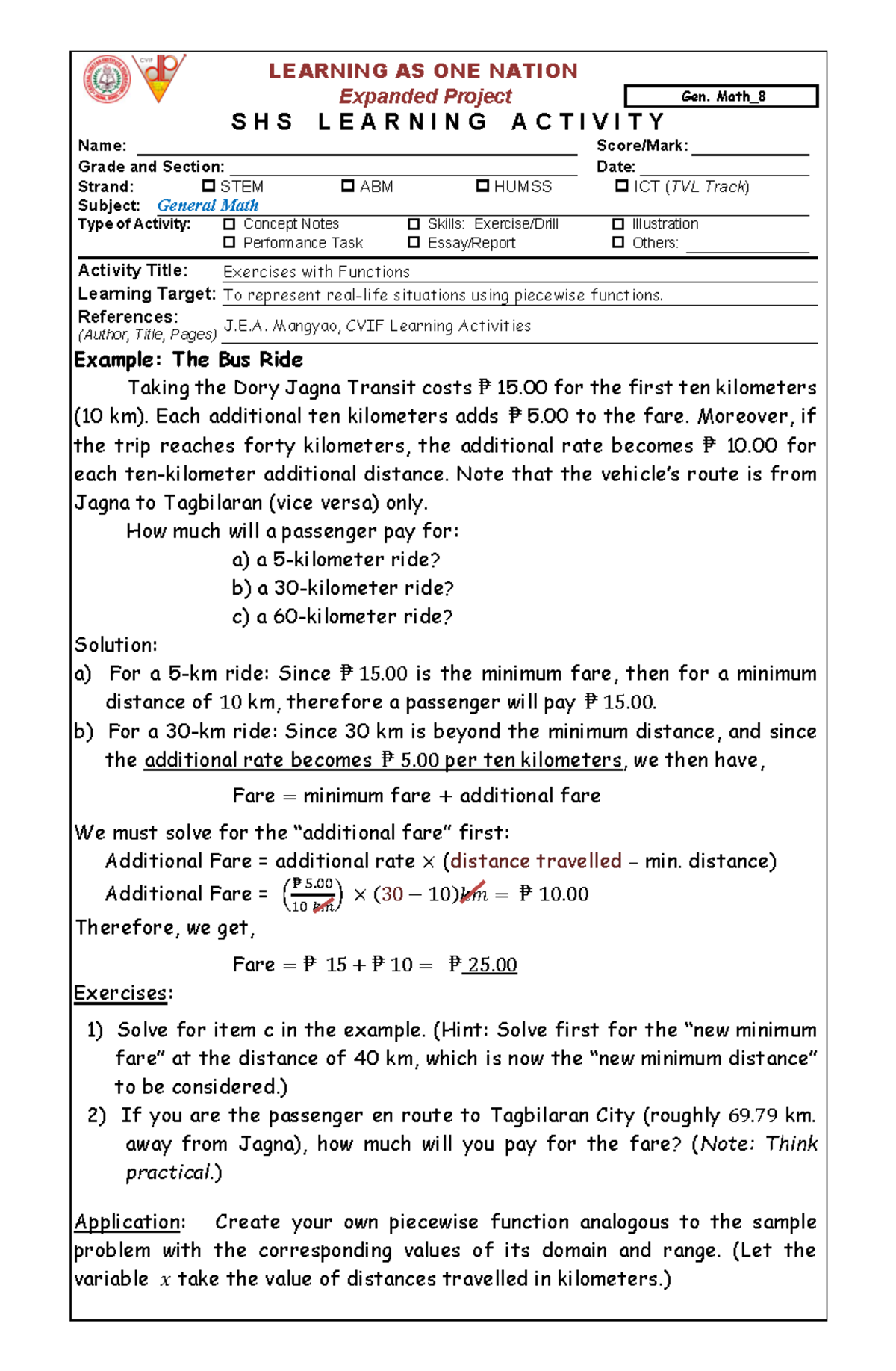 Gen Math LAS 8 Piecewise Functions Exercise Examples and Solutions ...