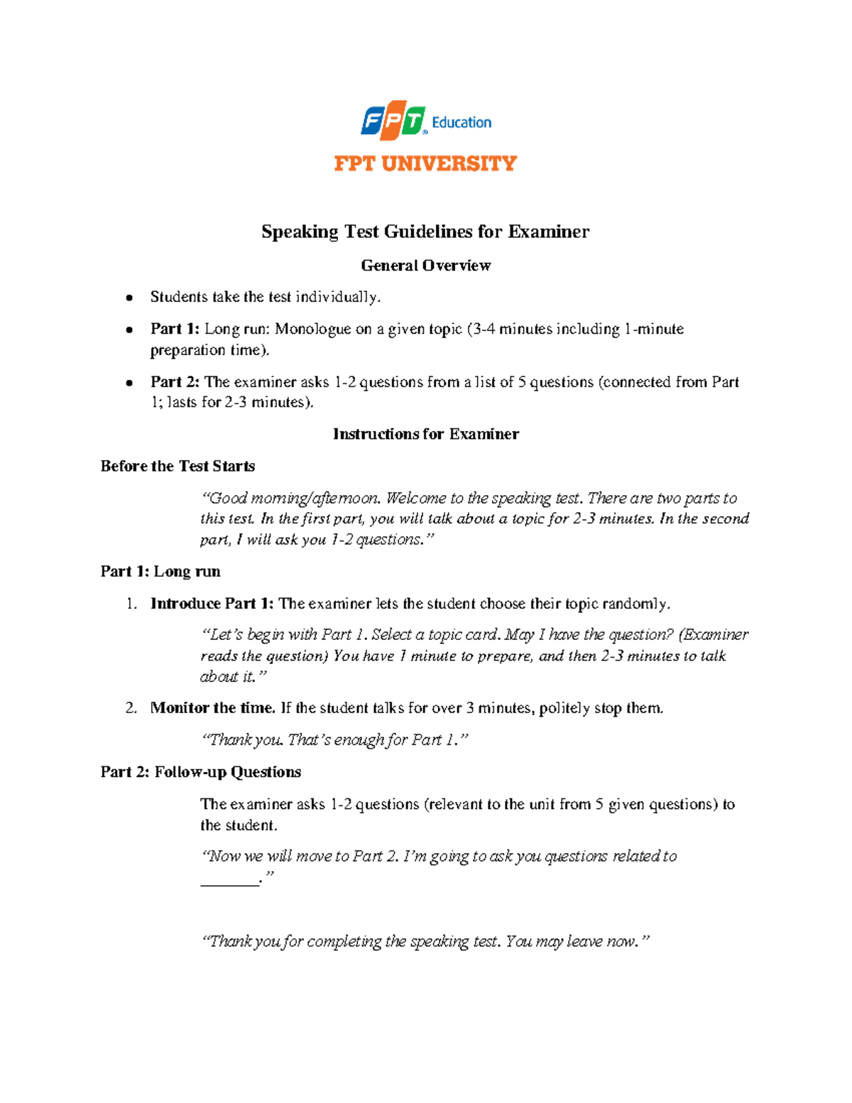 ENT403 Speaking Test Examiner Guidelines and Instructions - Studocu