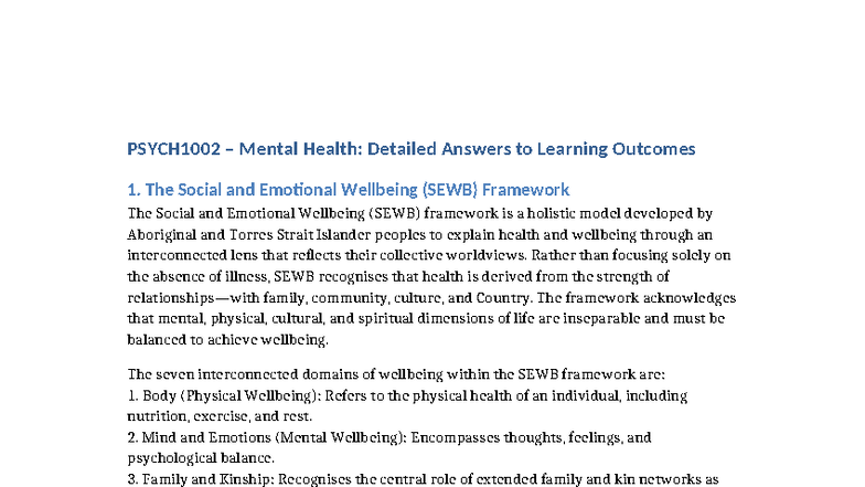 PSYCH1002 Mental Health: SEWB Framework & Cultural Safety Insights ...