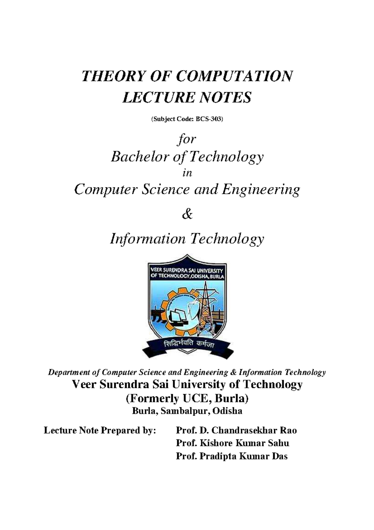 Theory of Computation Lecture Notes (BCS-303) for B.Tech CSE & IT - Studocu