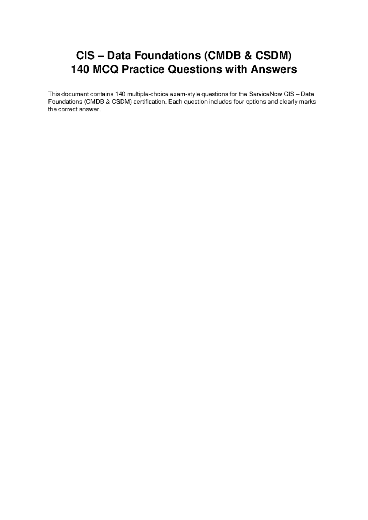 CIS Data Foundations (CMDB CSDM) 140 MCQ Practice Questions & Answers ...
