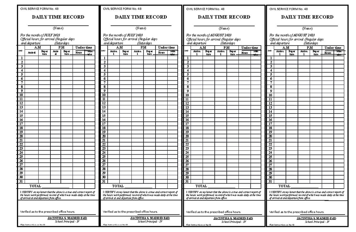 Template - CIVIL SERVICE FORM No. 48 DAILY TIME RECORD ...