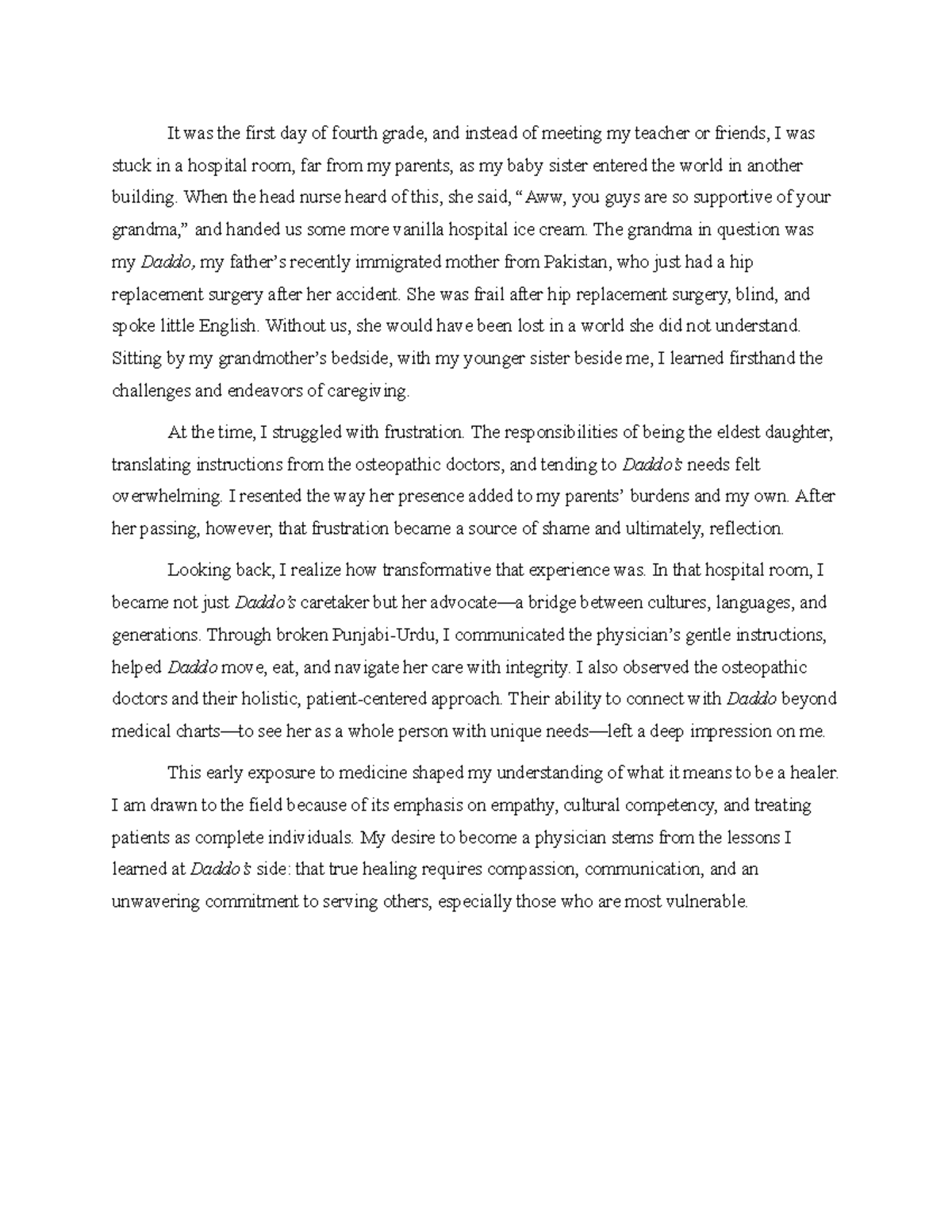 Hofstra BS MD Med Essay: Reflections on Caregiving and Healing - Studocu