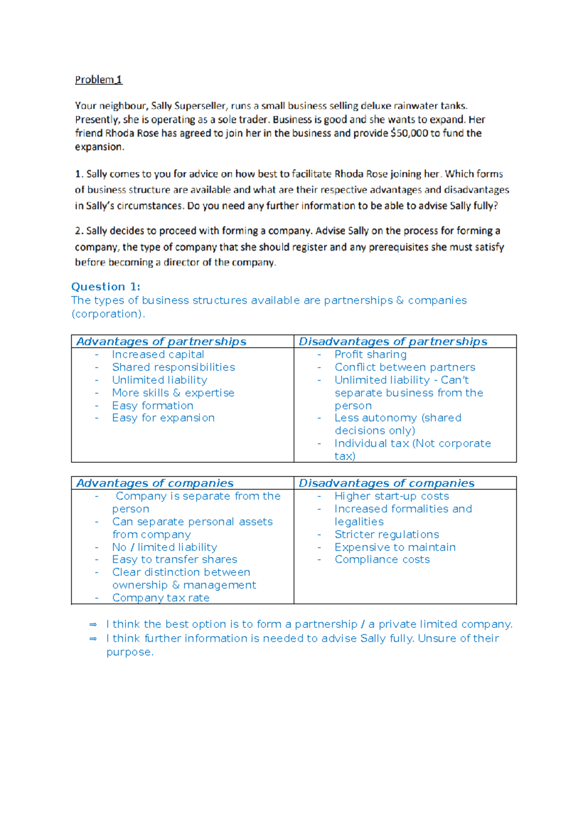 Corps tutorial question - Question 1: The types of business structures ...