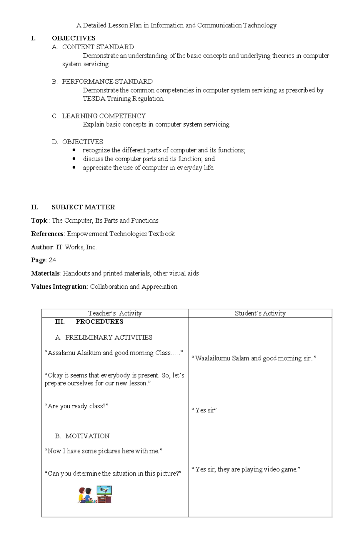 Detailed Lesson Plan: Junior ICT - Computer Parts & Functions - Studocu